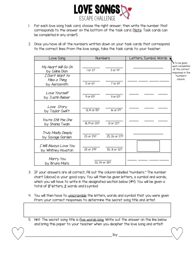 Love Song Task Card Activity | PDF | Sound Recording | Pop Music