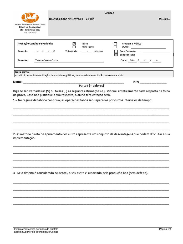 Exemplo 1.º Teste CGII | PDF | Despesa | Contabilidade
