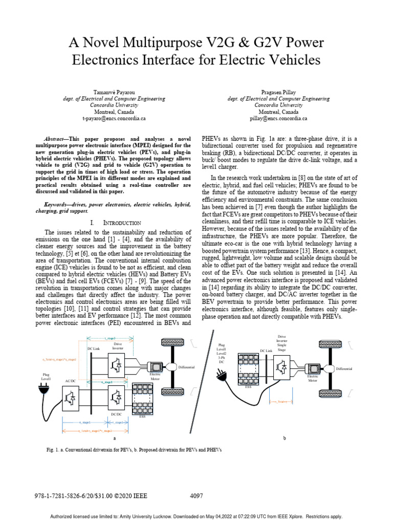 A Novel Multipurpose V2G Amp G2V Power Electronics Interface For Electric Vehicles | PDF | Plug ...