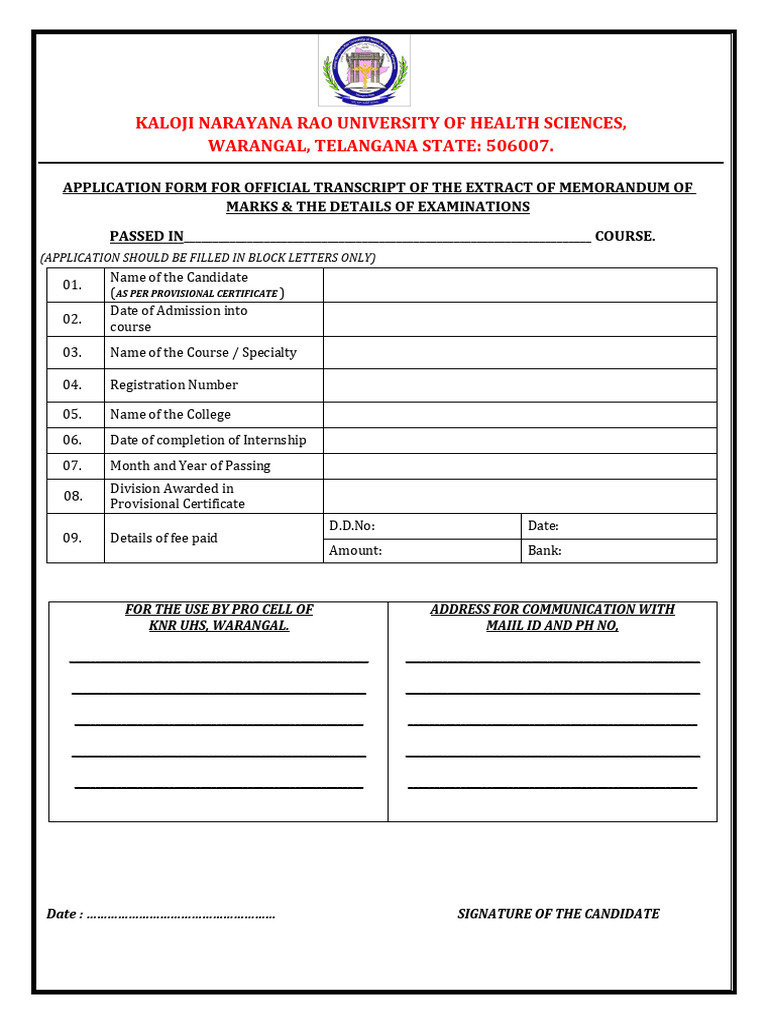 Application Form For Official Transcript | PDF