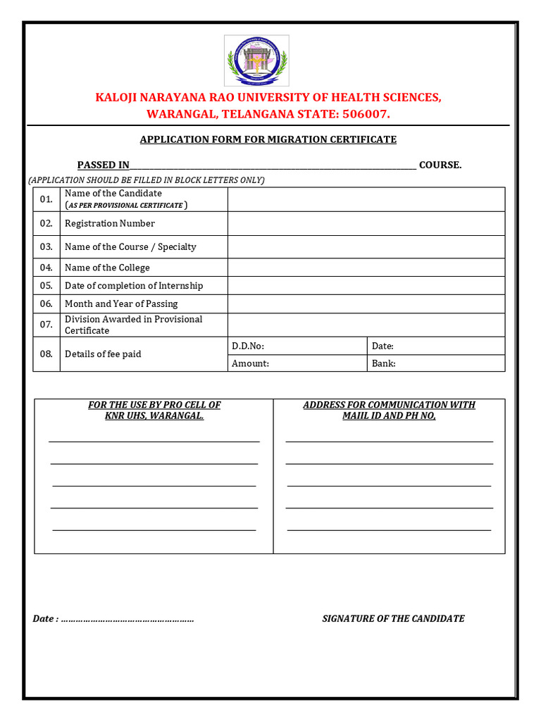 APPLICATION FORM FOR MIGRATION CERTIFICATE | PDF