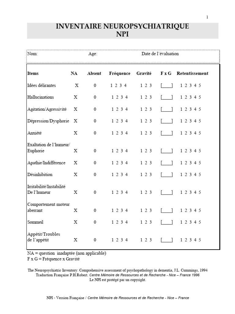 Neuropsychiatric Inventory - Complet - FR | PDF | Dépression ...