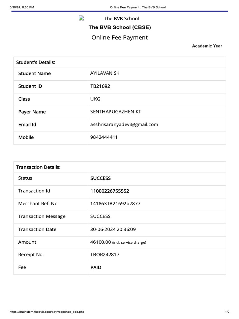 BVB School Online Fee Payment Receipt | PDF
