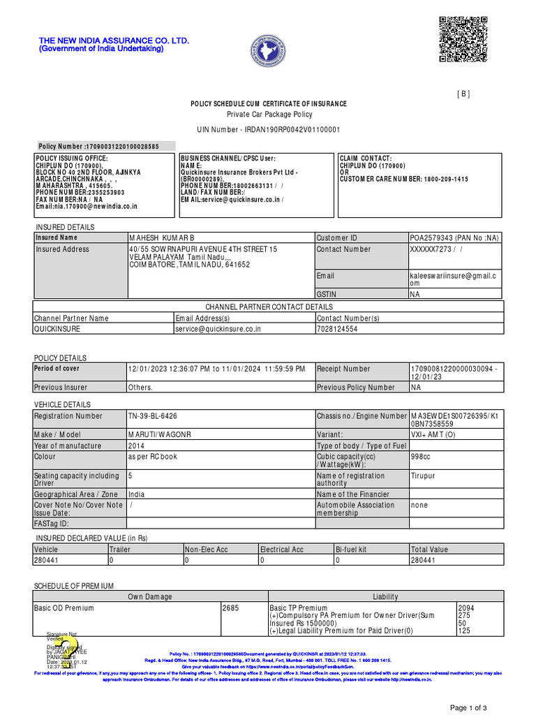 TN 39 BL 6426 - 20240111123638 | PDF | Insurance | Vehicle Insurance