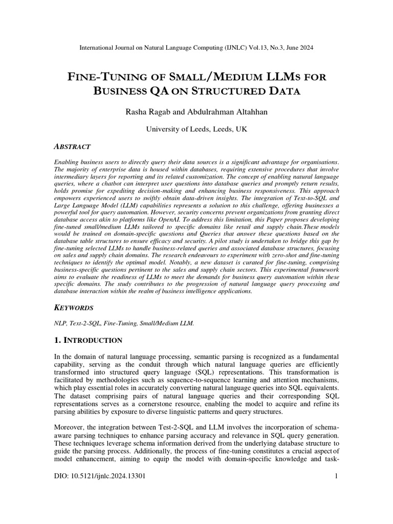 Fine Tuning Of Smallmedium Llms For Business Qa On Structured Data Pdf Databases 