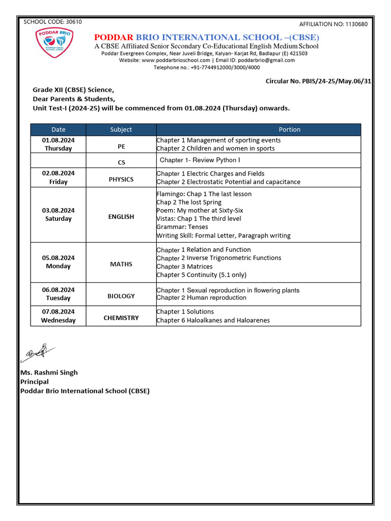 GRADE XII CBSE SCI. UT-I DATE SHEET 2024-25 - Brio | PDF