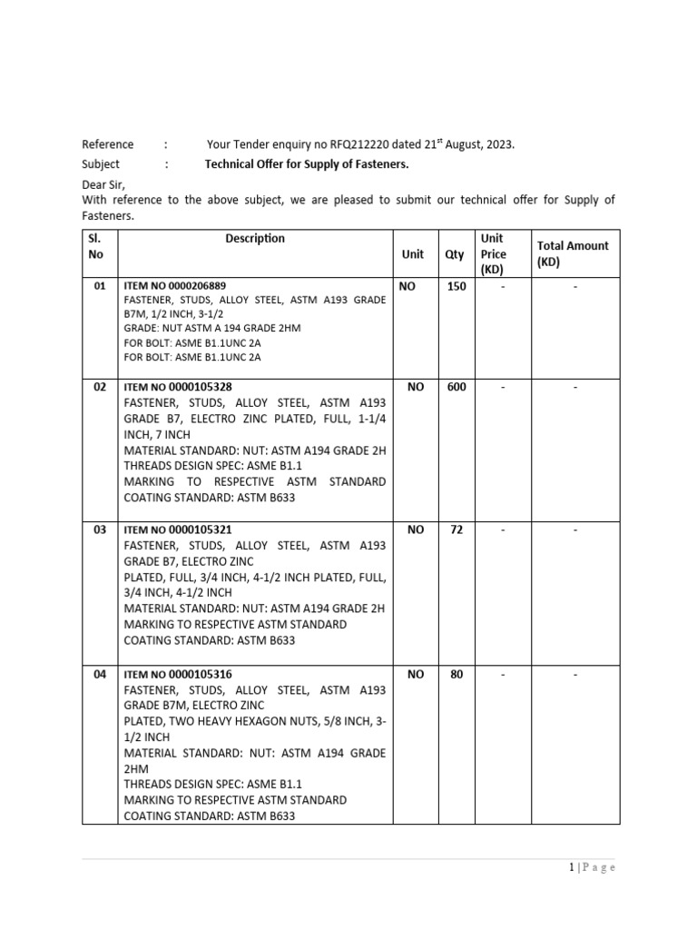 KOC Technical Bid | PDF | Screw | Nut (Hardware)