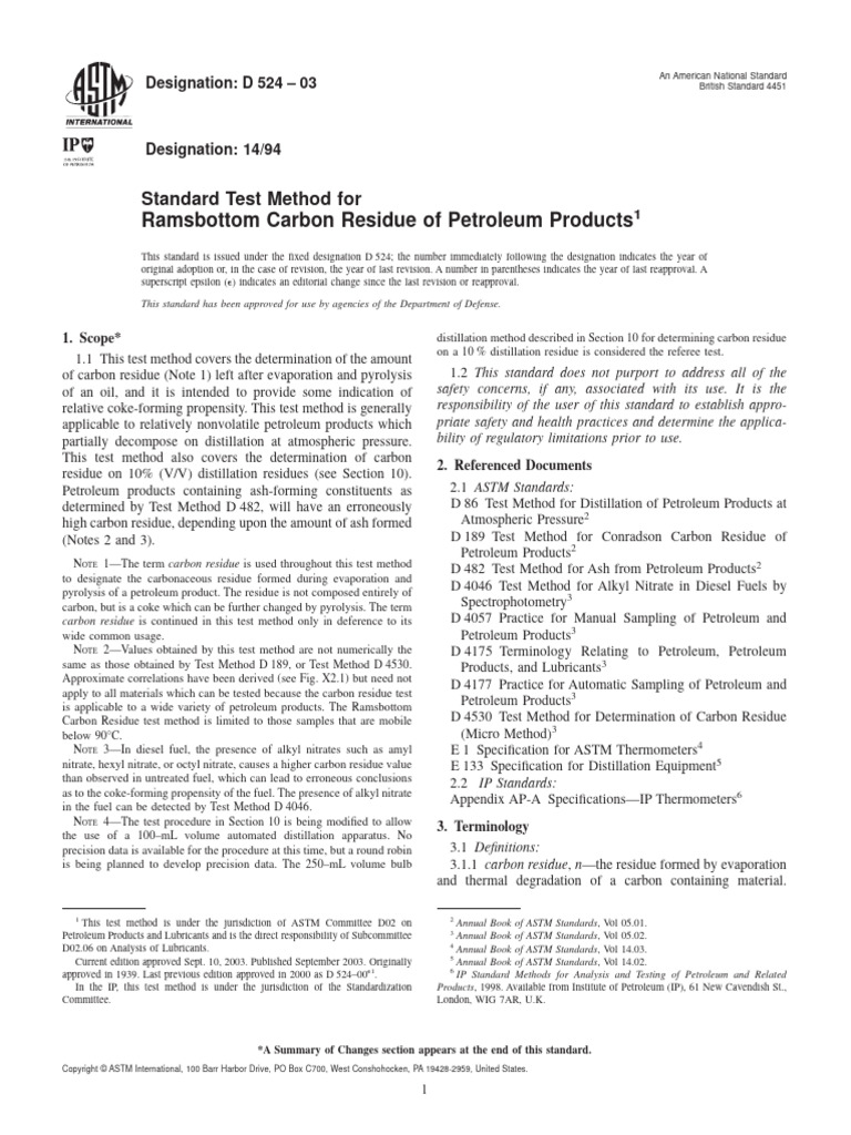 ASTM-D524-Carbon Residue | PDF | Distillation | Coke (Fuel)