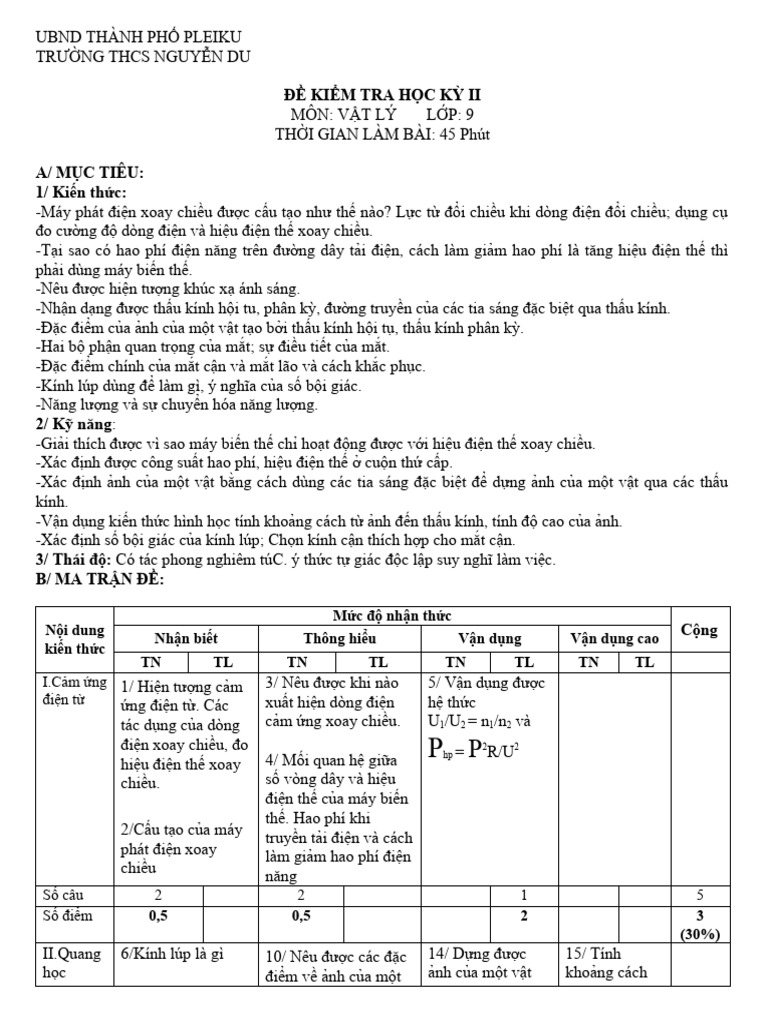 NVTHANH - ĐỀ THI HK II VẬT LÝ 9 - 2022-2023 | PDF