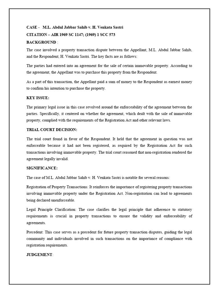 M.L. Abdul Jabbar Sahib v. H. Venkata Sastri | PDF | Judgment (Law) | Precedent