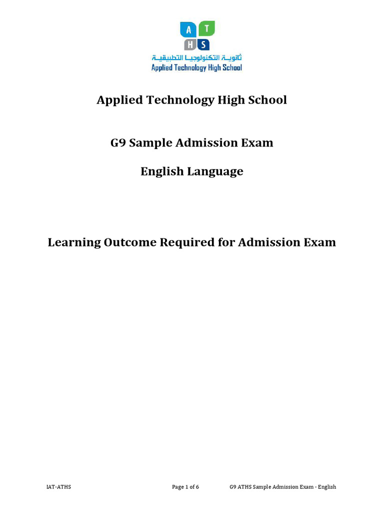G9 ATHS Sample Admission Exam Guide | PDF | English Language | Verb