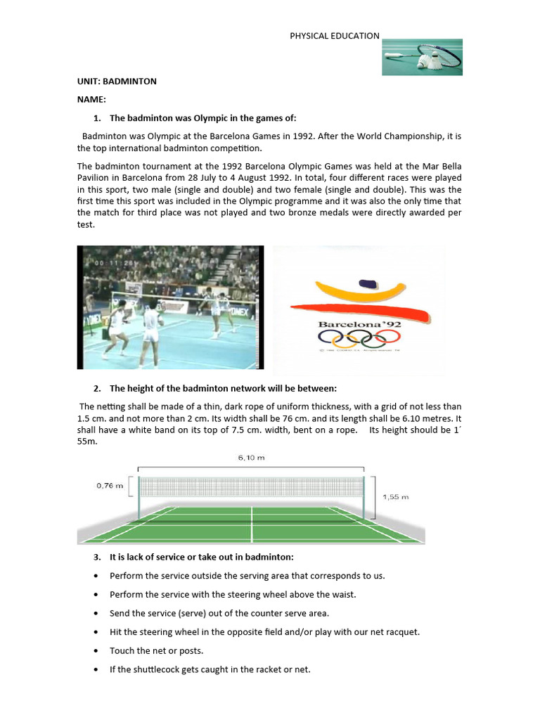 Formative Unit Badminton 1ºeso | PDF | Sports | Athletic Sports