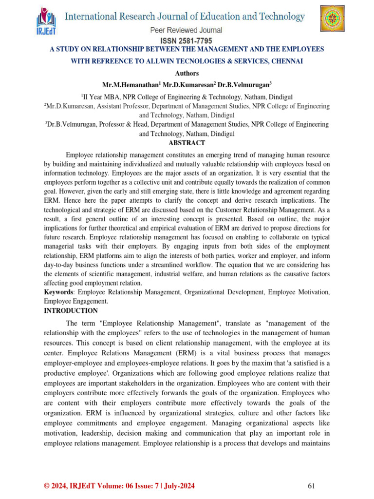 A Study On Relationship Between The Management and The Employees With Refreence To Allwin ...