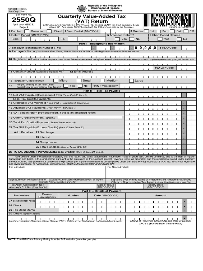 2550Q April 2024 ENCS - Final | PDF | Value Added Tax | Taxes