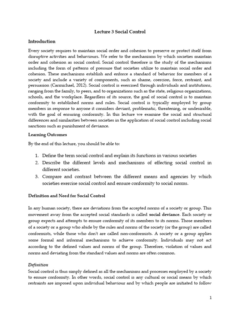 Lecture 3 Social Control | PDF | Obedience (Human Behavior) | Conformity