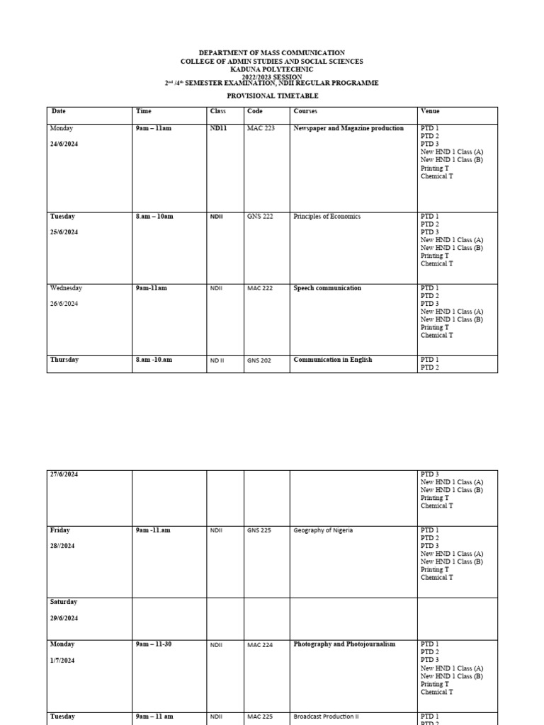 ND 2 Exam Time Table 2024 | PDF