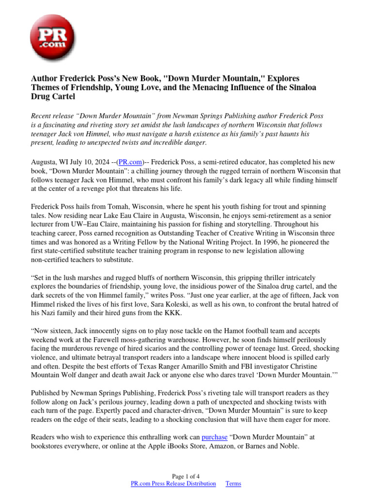 Author Frederick Poss's New Book, "Down Murder Mountain," Explores ...