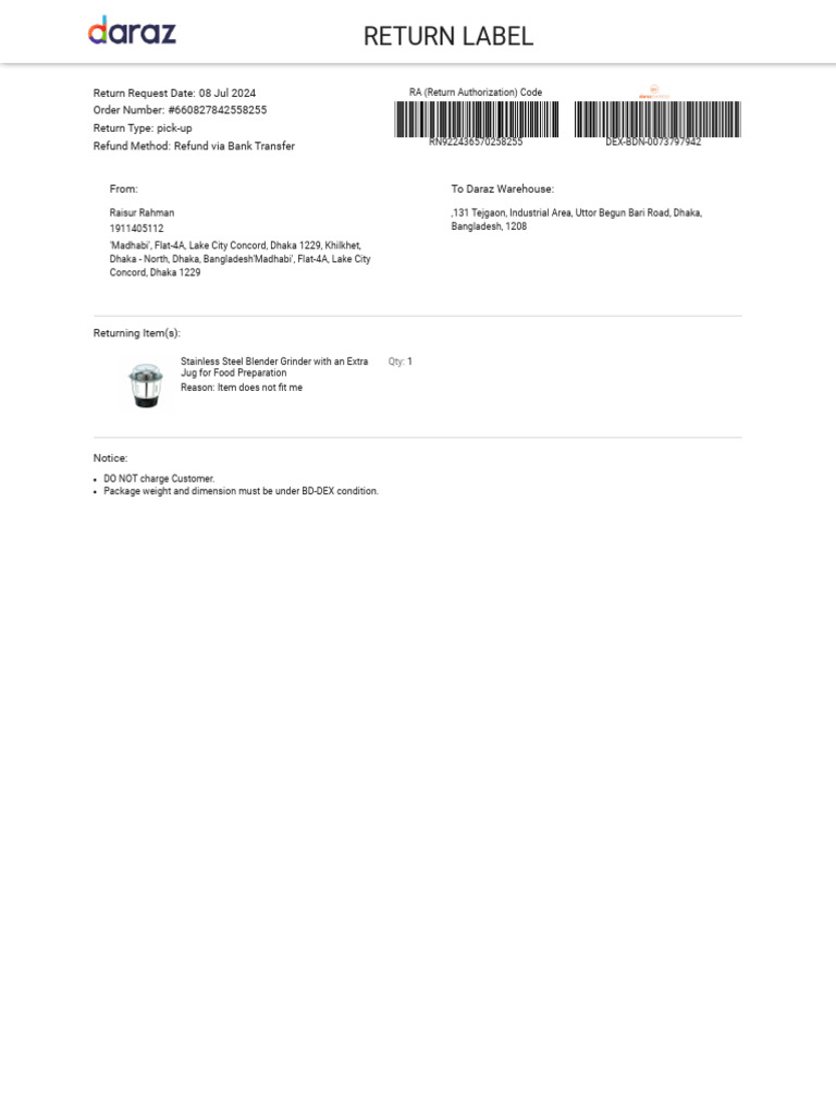 Daraz Return Authorization Code Details | PDF