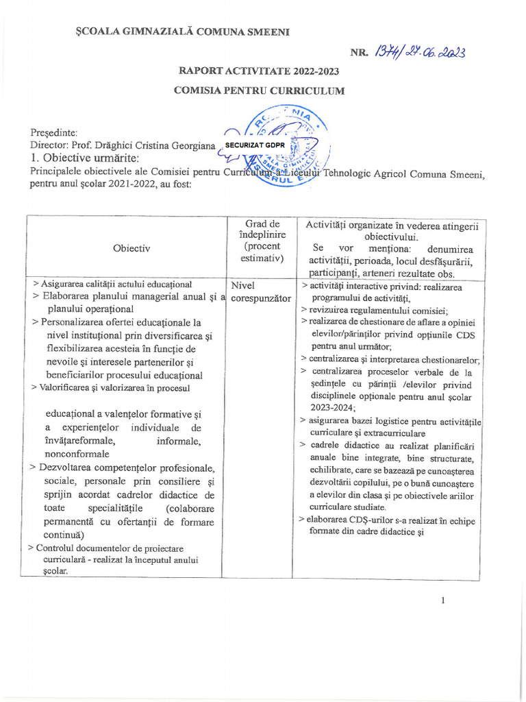 RAPORT ACTIVITATE COMISIA PENTRU CURRICULUM 2022-2023 | PDF