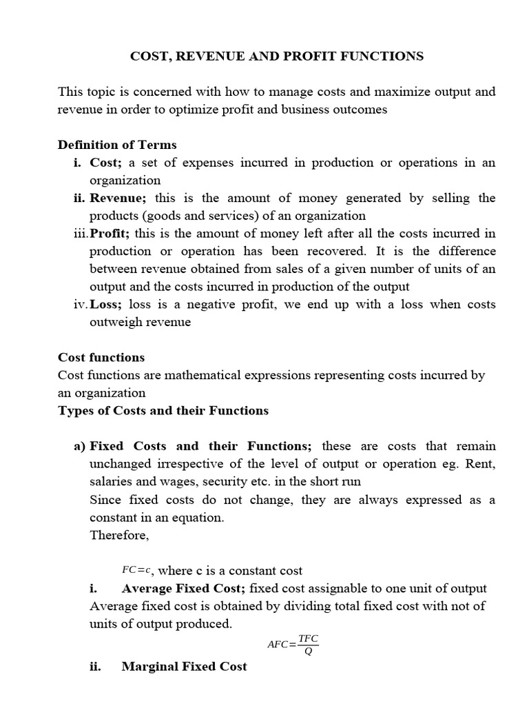 Cost and Revenue Functions and Equations | PDF | Profit (Economics ...