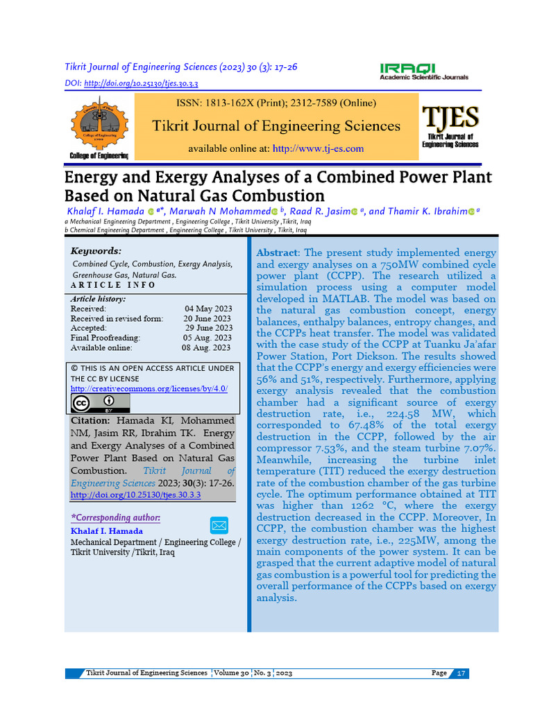 Energy and Exergy Analyses of A Combined Power Plant Based On Natural Gas Combustion | PDF ...