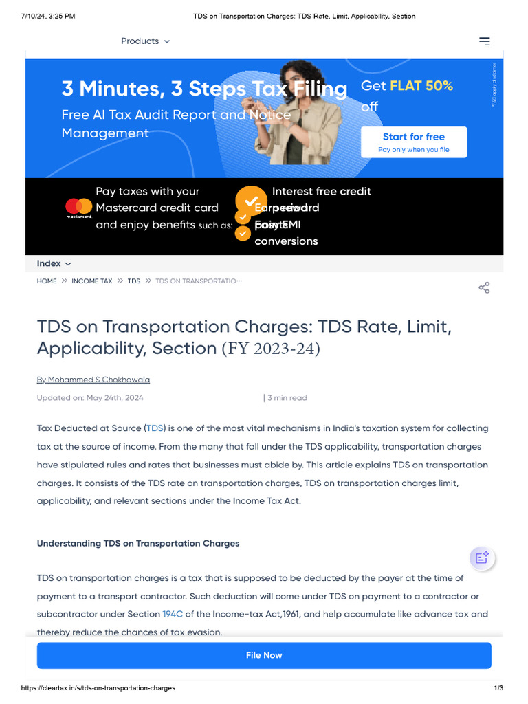 TDS On Transportation Charges - 23-24 | PDF | Taxes | Income Tax