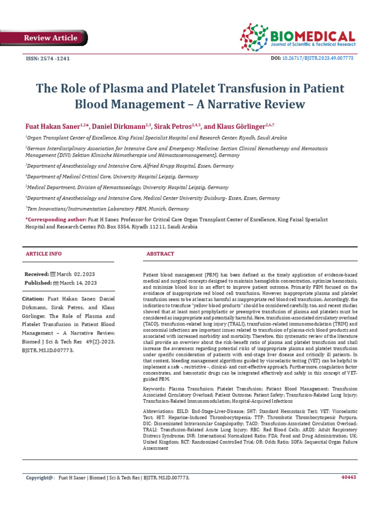 The Role of Plasma and Platelet Transfusion in Patient Blood Management ...