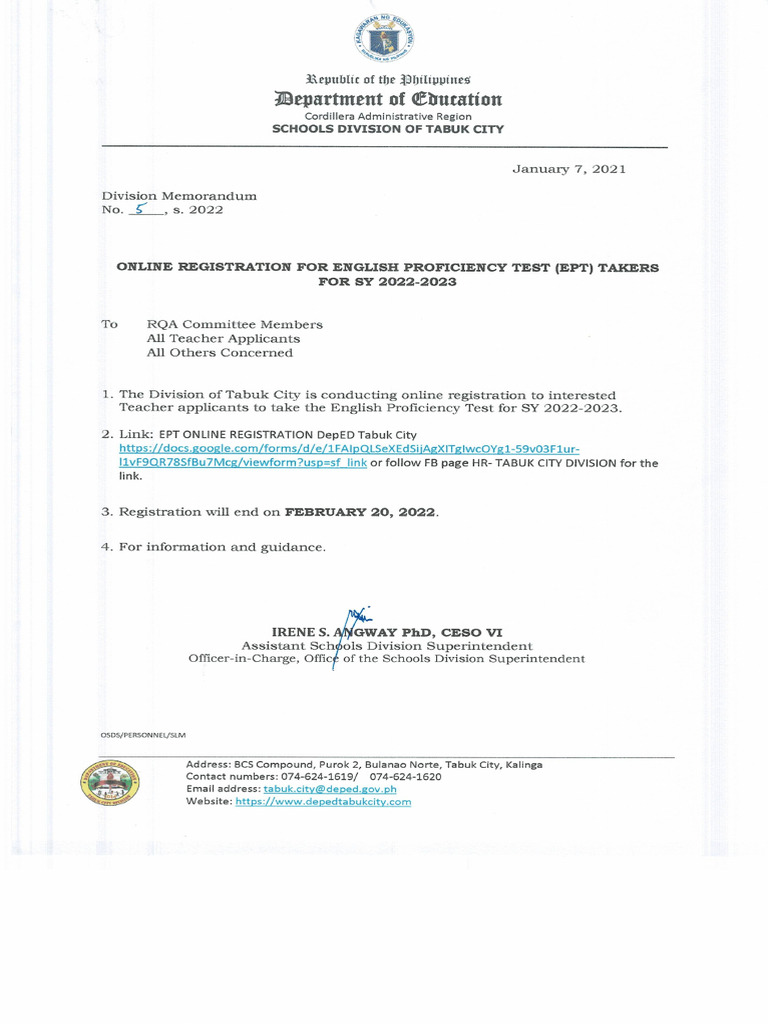 DM No 5 S 2021 Online Registration For English Proficiency Test Ept ...