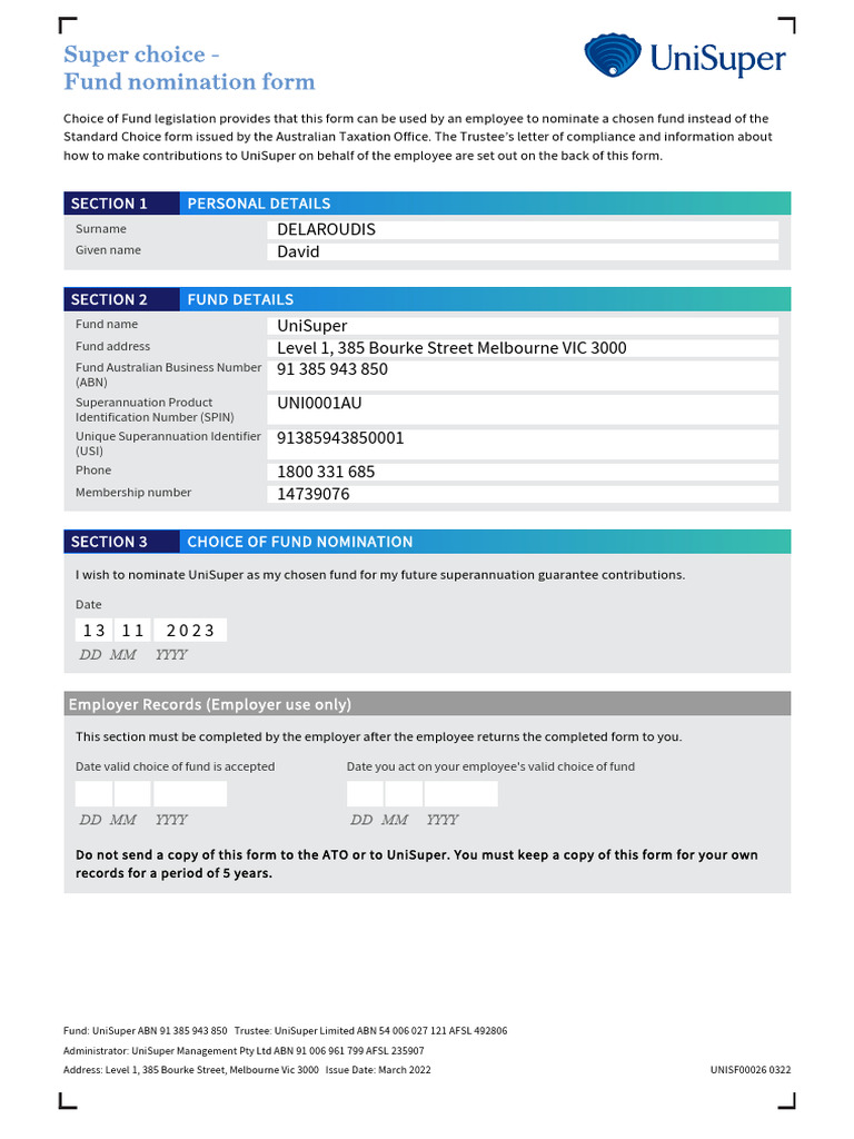 UniSuper Choice of Fund Form | PDF