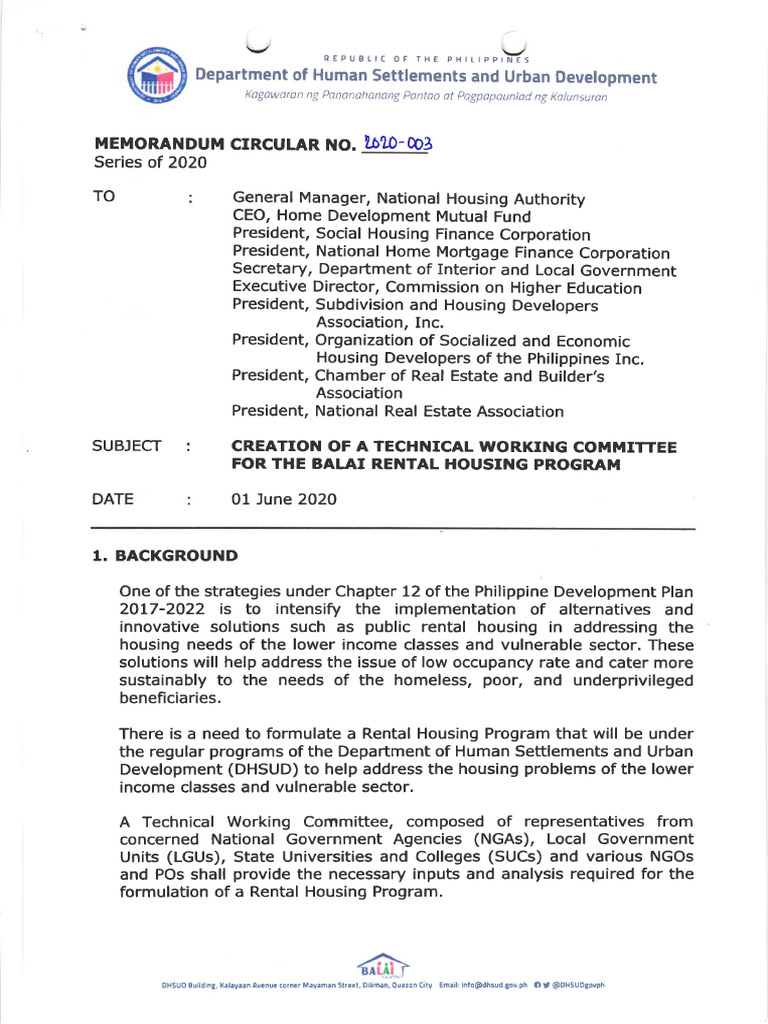 Memorandum Circular No.2020-003_Technical Working Committee for Balai Rental | PDF