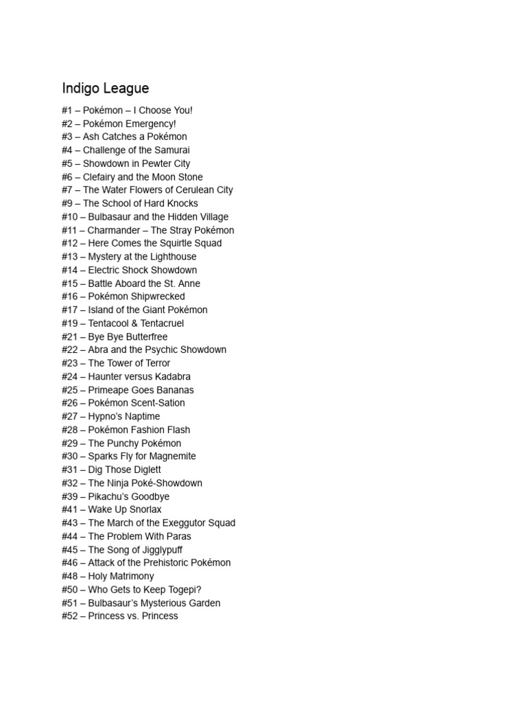 List of Non-Filler Pokémon Episodes | PDF | Pokémon