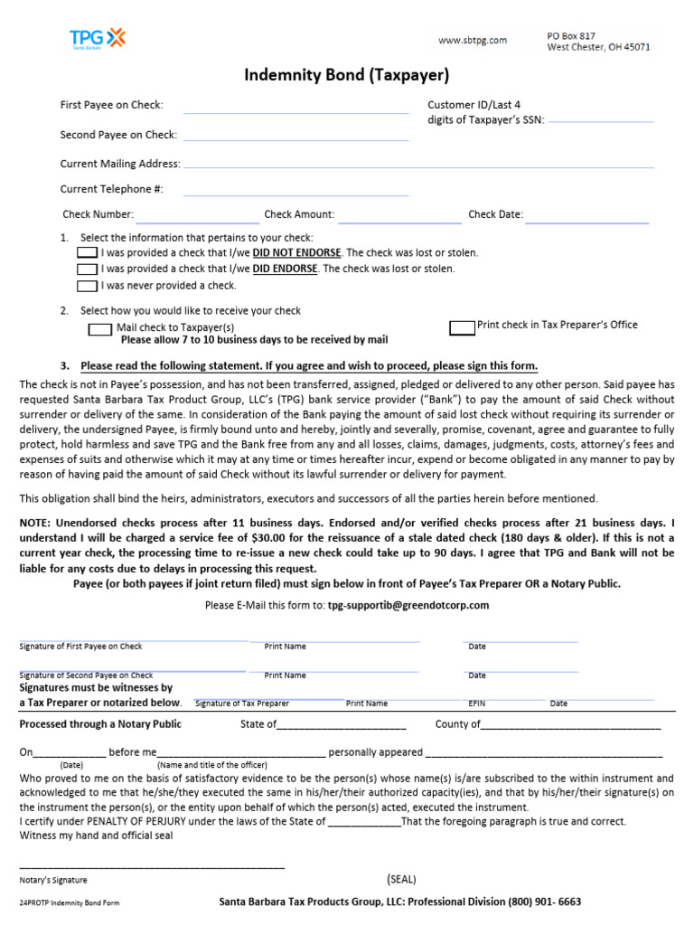 24PROTP Indemnity Bond Form (Taxpayer) (388955) | PDF | Payments ...
