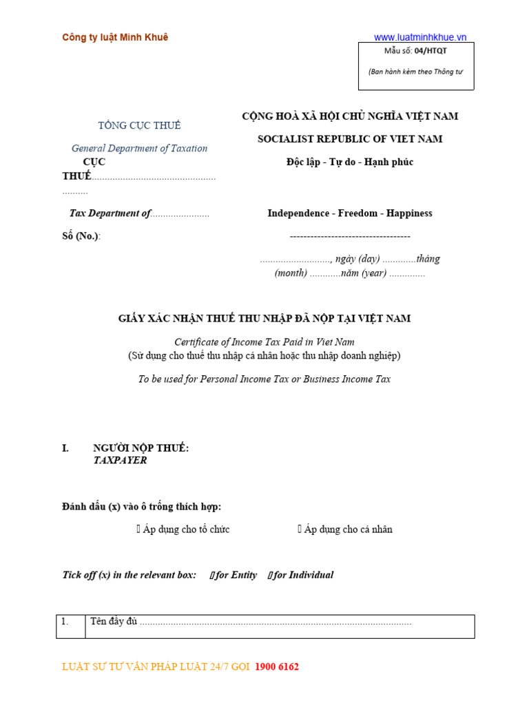 Mau Giay Xac Nhan So Thue Da Nop Song Ngu | PDF