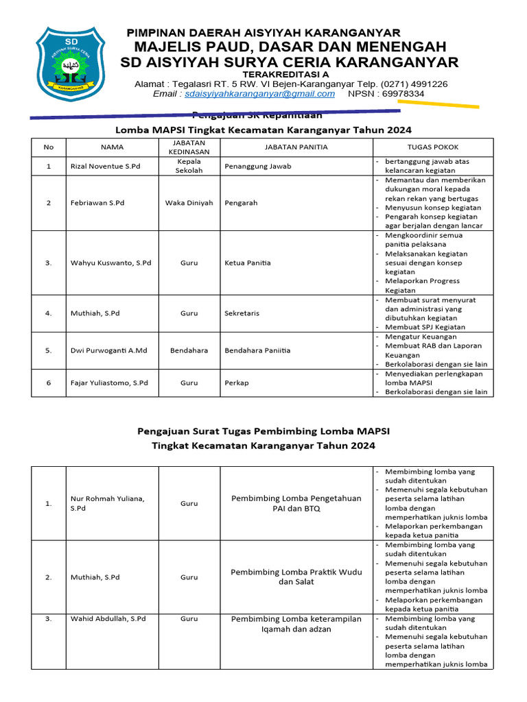 Pengajuan Panitia Lomba MAPSI 2024 | PDF