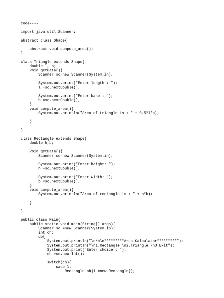 Java Shape Area Calculator Code | PDF | Teaching Methods & Materials | Technology & Engineering