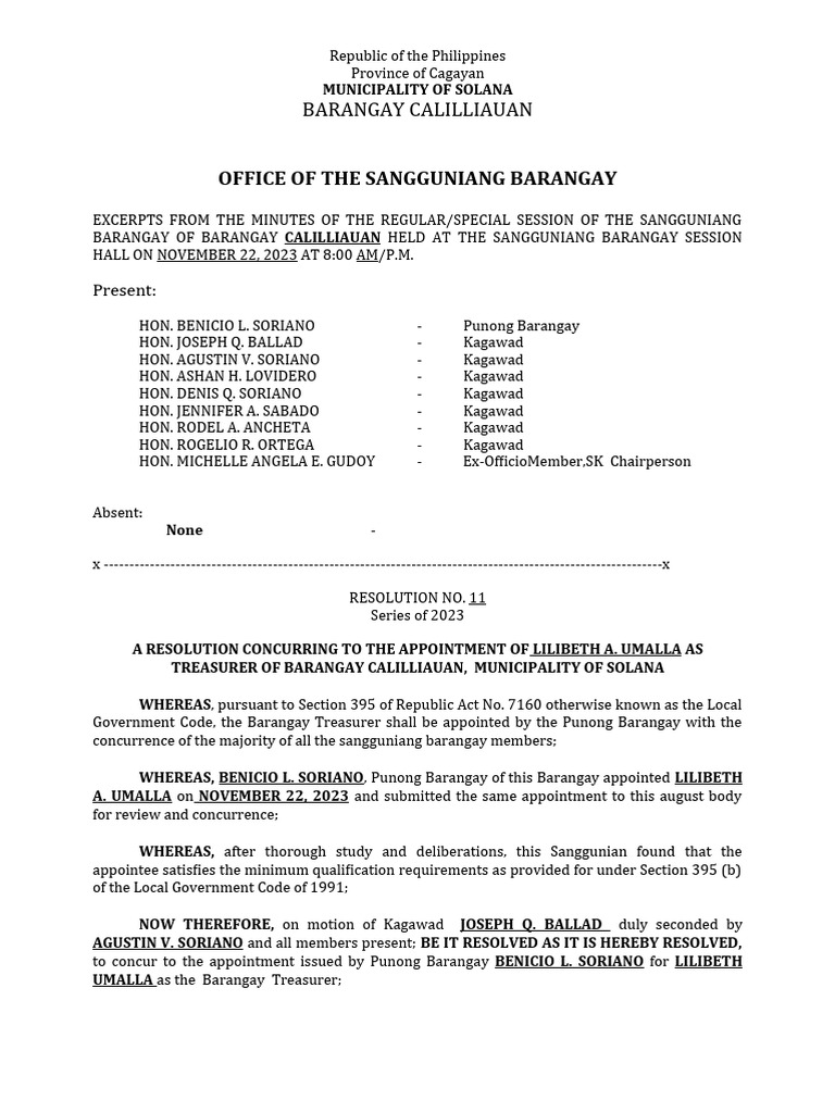 Resolution On The Appointment of Barangay Treasurer | PDF | Philippines