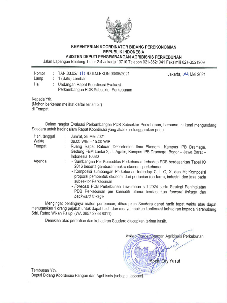 TAN 111 Undangan Rapat Koordinasi Evaluasi Perkembangan PDB Subsektor ...
