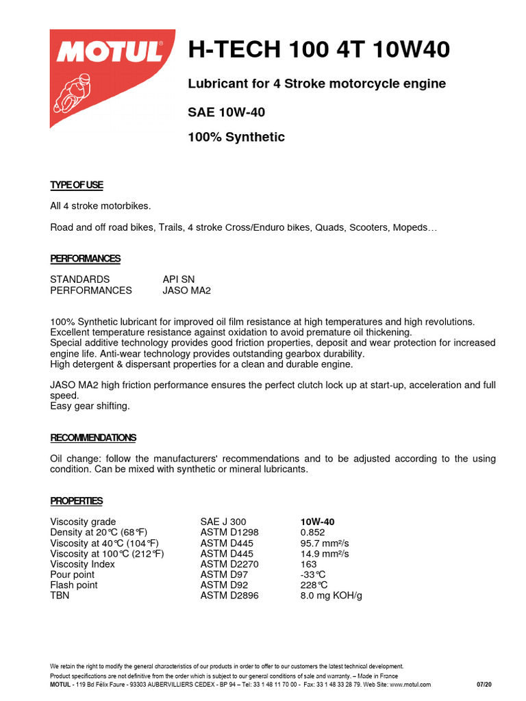 H-TECH 100 4T 10W40: Lubricant For 4 Stroke Motorcycle Engine SAE 10W-40 100% Synthetic | PDF ...