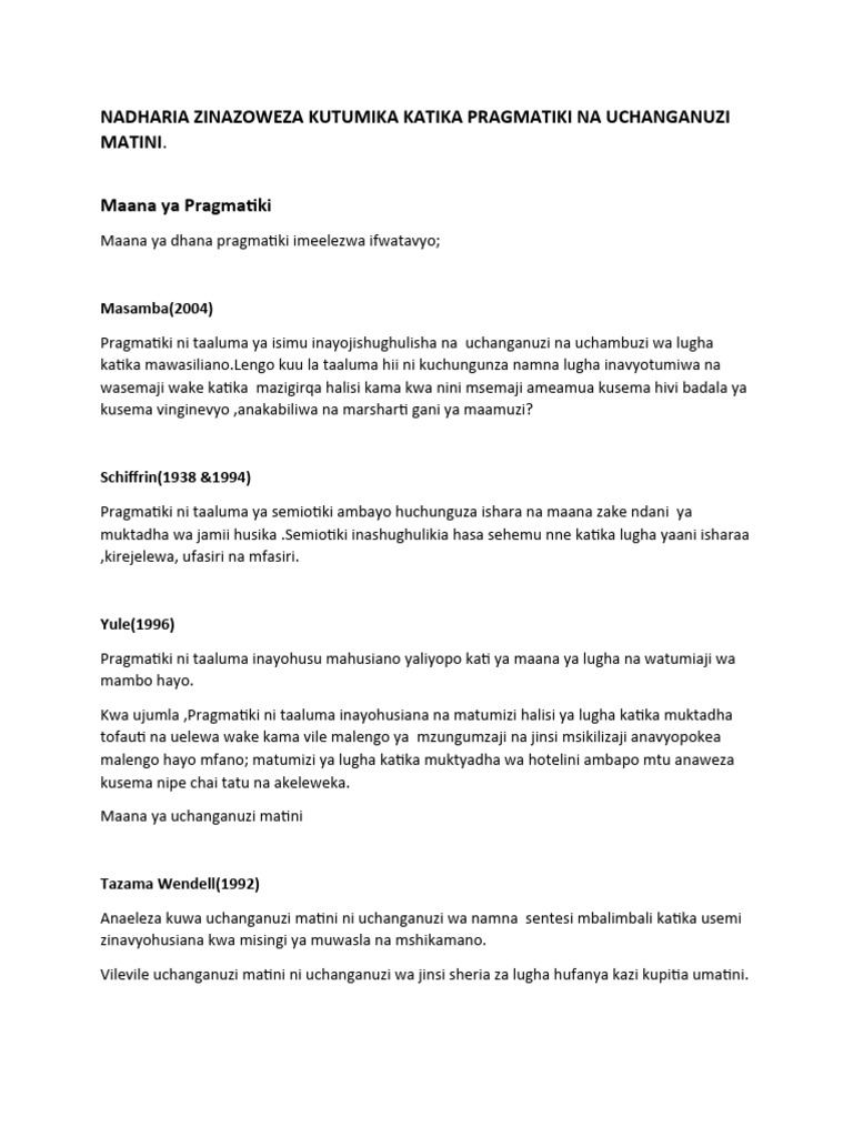 Nadharia Za Pragmatiki Na Uchanganuzi Matini - Kisw 412 | PDF