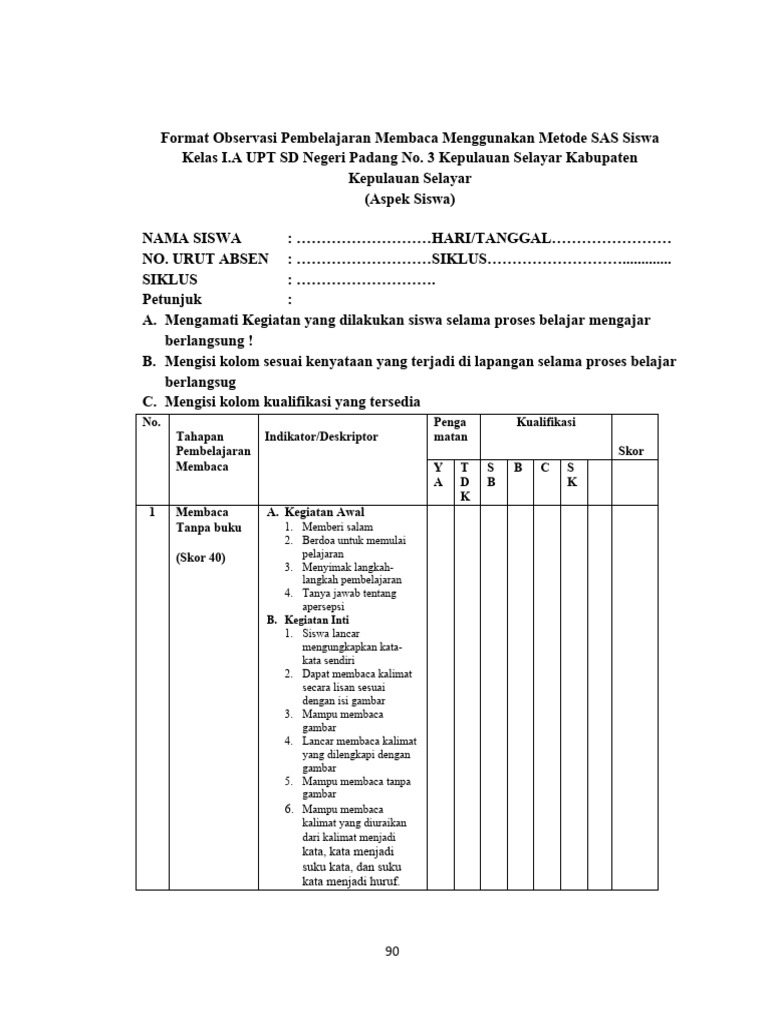 Format Observasi Pembelajaran Membaca Menggunakan Metode SAS Siswa | PDF