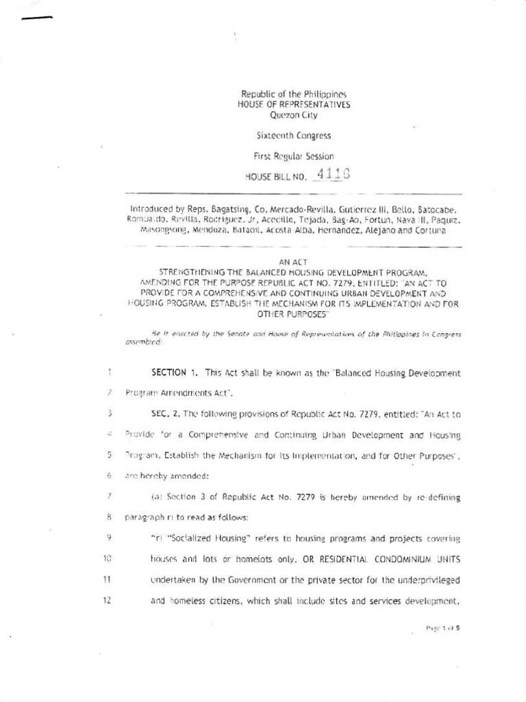 House Bill No. 4116 - Strengthening The Balanced Housing Program | PDF