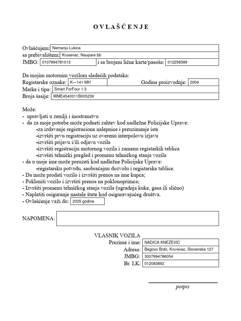 Ovlascenje Za Auto | PDF