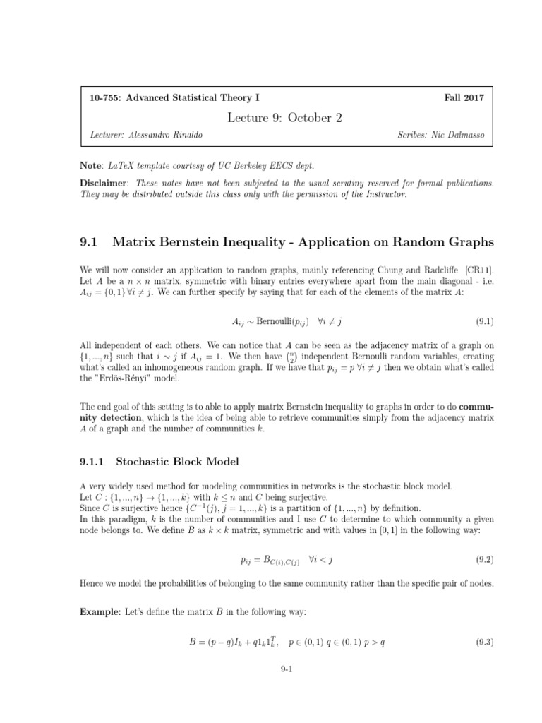 Lecture 9: October 2: 9.1.1 Stochastic Block Model | PDF | Least Squares | Matrix (Mathematics)