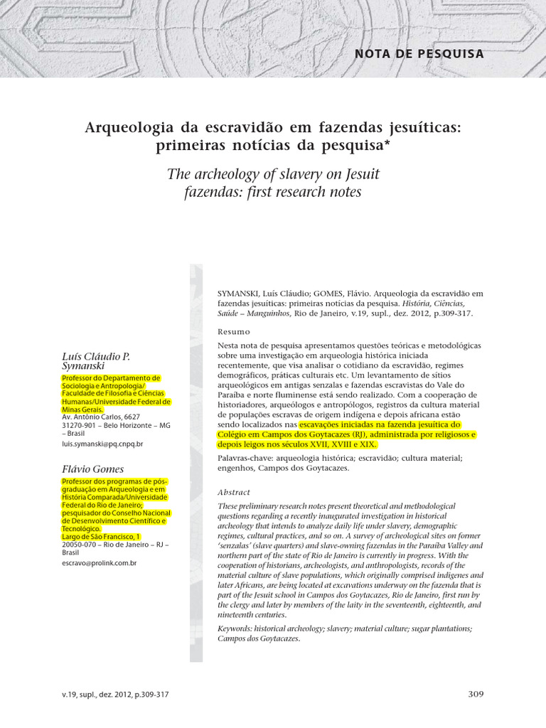 Arqueologia da escravidão Symanski | PDF | Escravidão | Sociologia