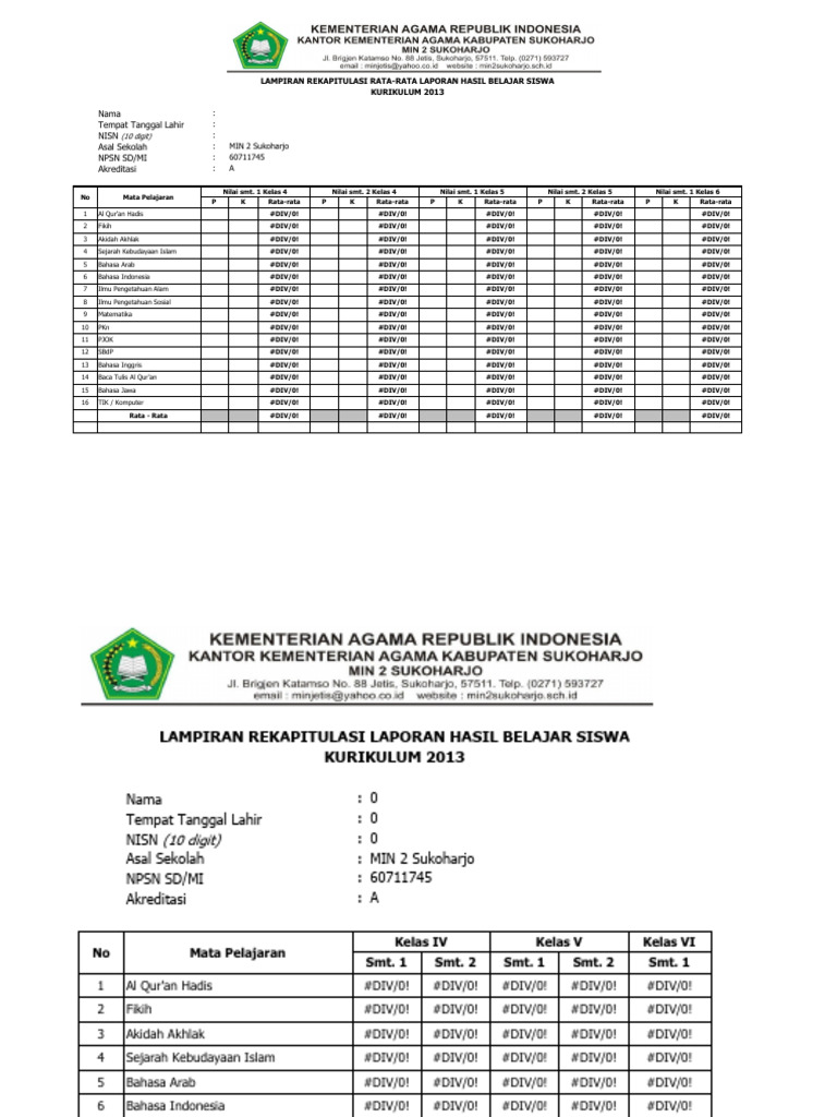 Rekap Nilai Siswa MIN 2 Sukoharjo | PDF