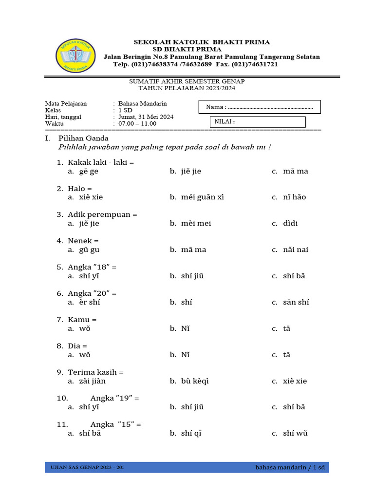 Naskah Soal Sas Genap 1 SD 2023 2024 | PDF