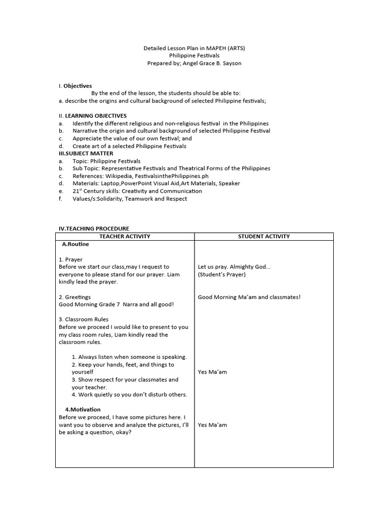 Detailed Lesson Plan in MAPEH. - MARIMAR | PDF | Festival | Cebu