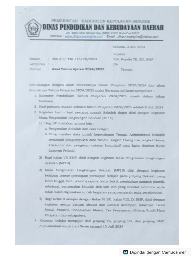 Surat Edaran Awal Tahun Ajaran 2024-2025 | PDF