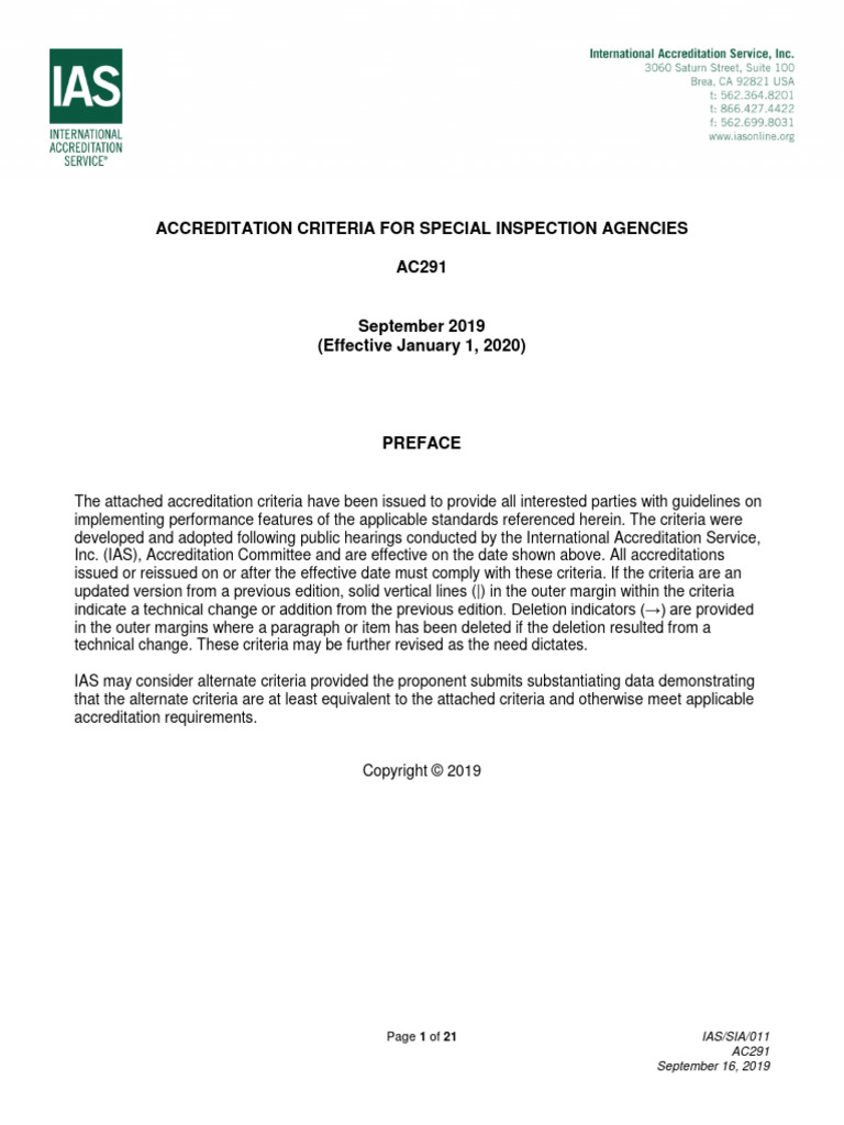 ICC-ES-AC 291-19 ACCREDITATION CRITERIA FOR SPECIAL INSPECTION AGENCIES ...