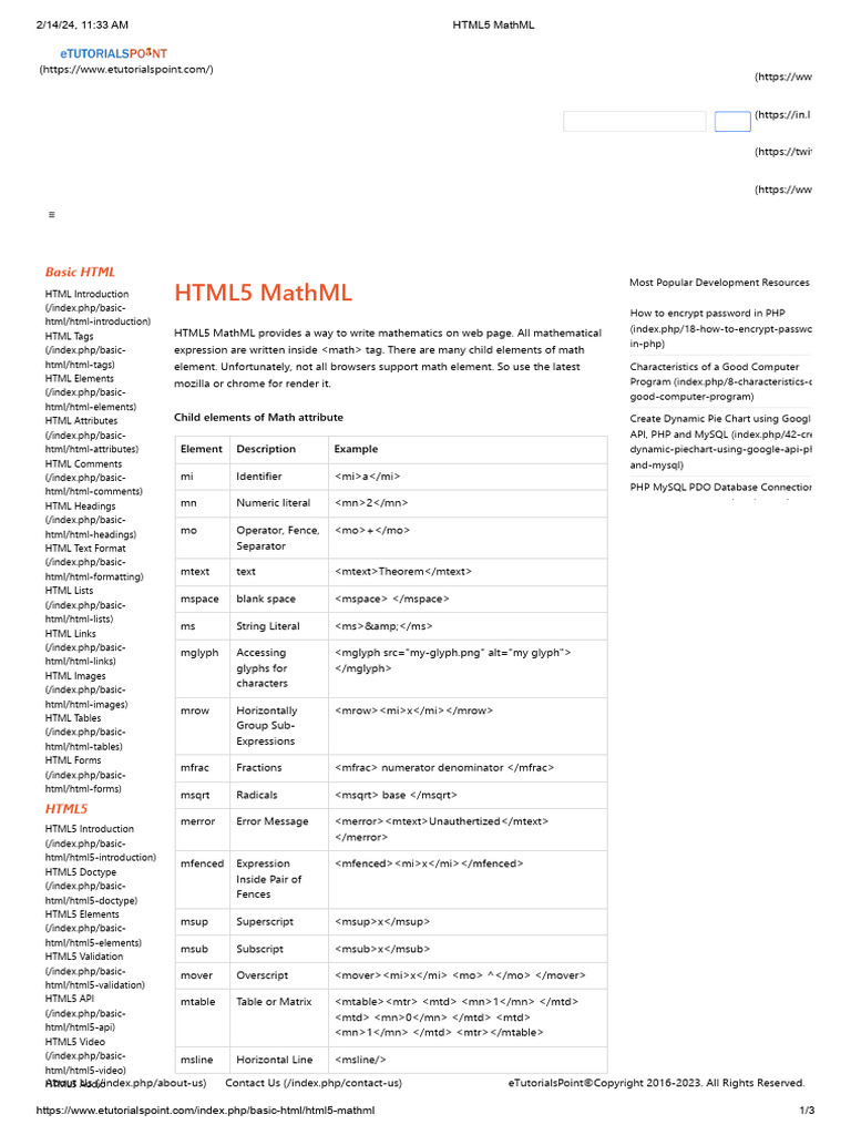 HTML5 MathML | PDF | Html | Html5